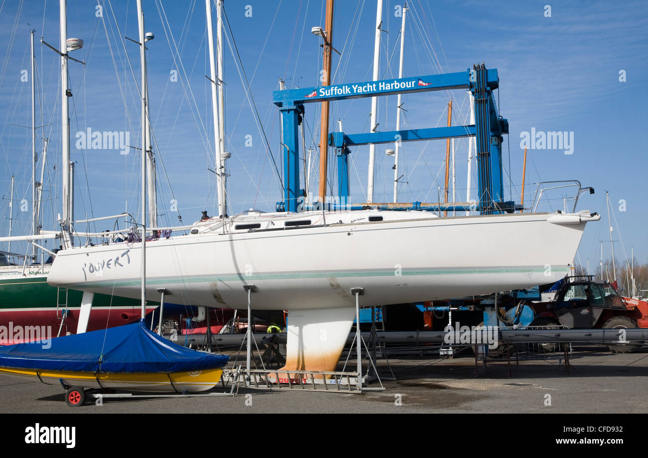 Boatyard and boat crane Levington marina, Suffolk, England Stock Photo ...
