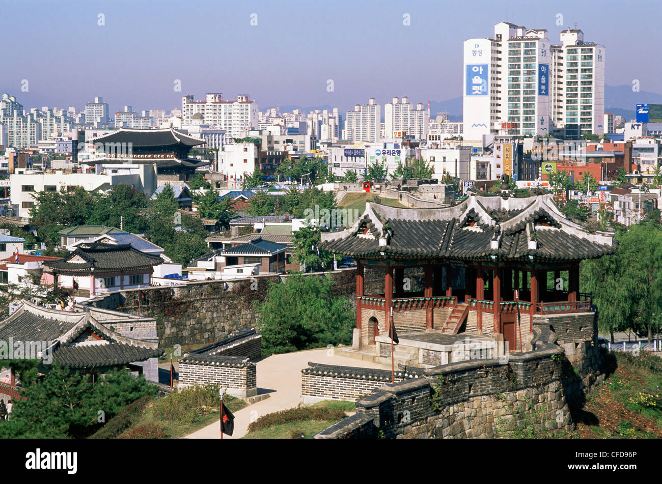 Korea, Seoul, Suwon, Hwaseong Fortress Wall and Suwon City Skyline ...