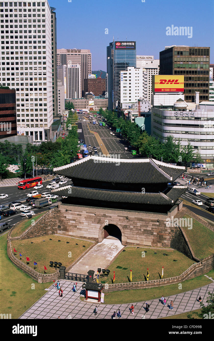 Korea, Seoul, Sungnyemun, South Gate and City Skyline in Background ...