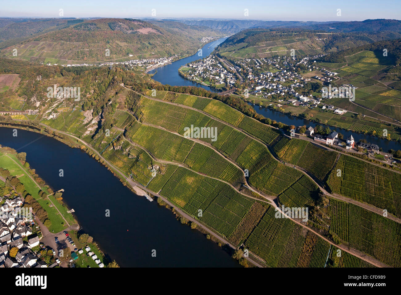 Aerial view of the Moselle river at Bullay and Puenderich, Eifel ...