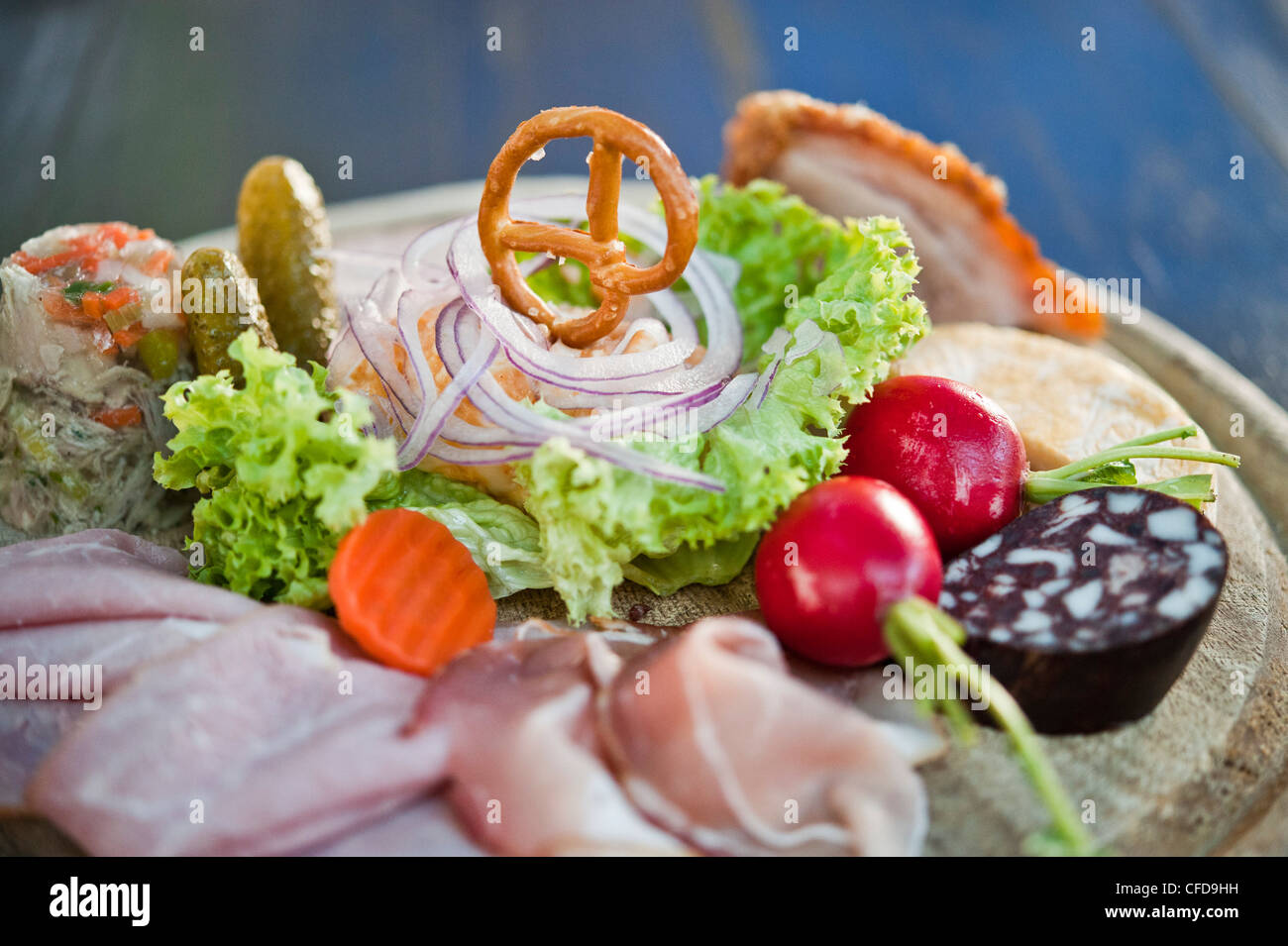 Meal of bread, cold cuts, cheese and salad, Weltenburg, Bavaria ...