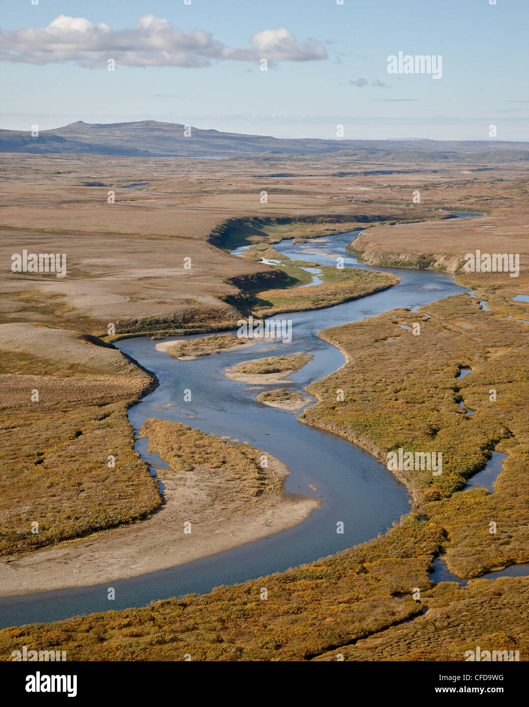 River and sandbars through the tundra in the fall, Katmai Peninsula ...
