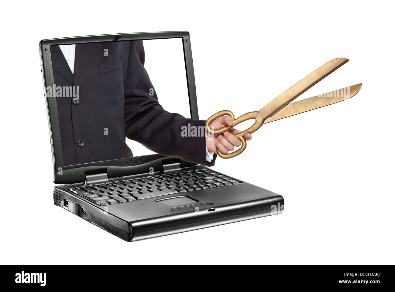 Black portable computer. Front view. Hand and scissors Stock Photo - Alamy