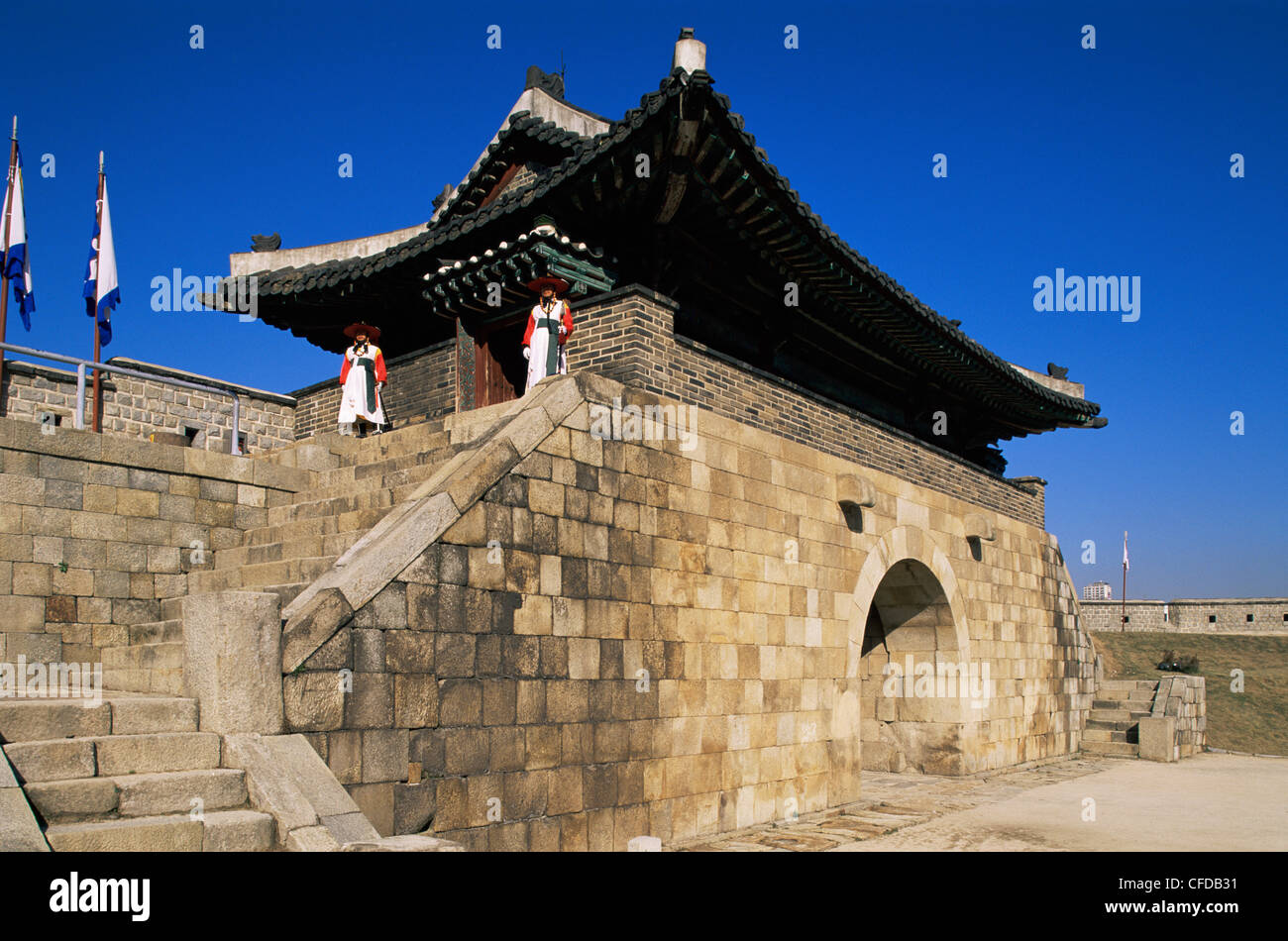 Korea, Seoul, Suwon, Hwaseong Fortress, Ceremonial Guards on Hwaseomun ...