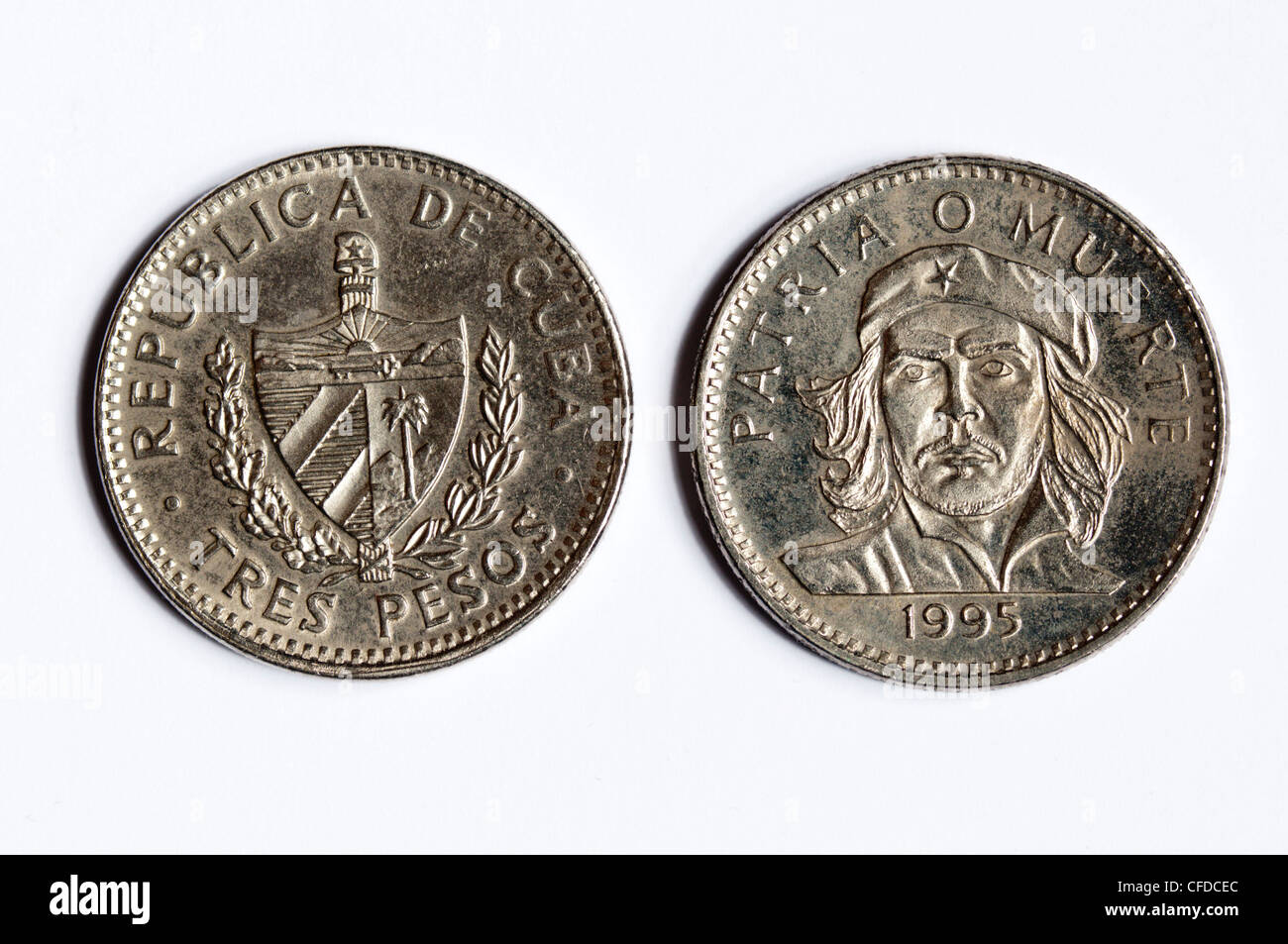 Both sides of Cuban 3 Pesos coin with image of Che Guevara Stock Photo ...