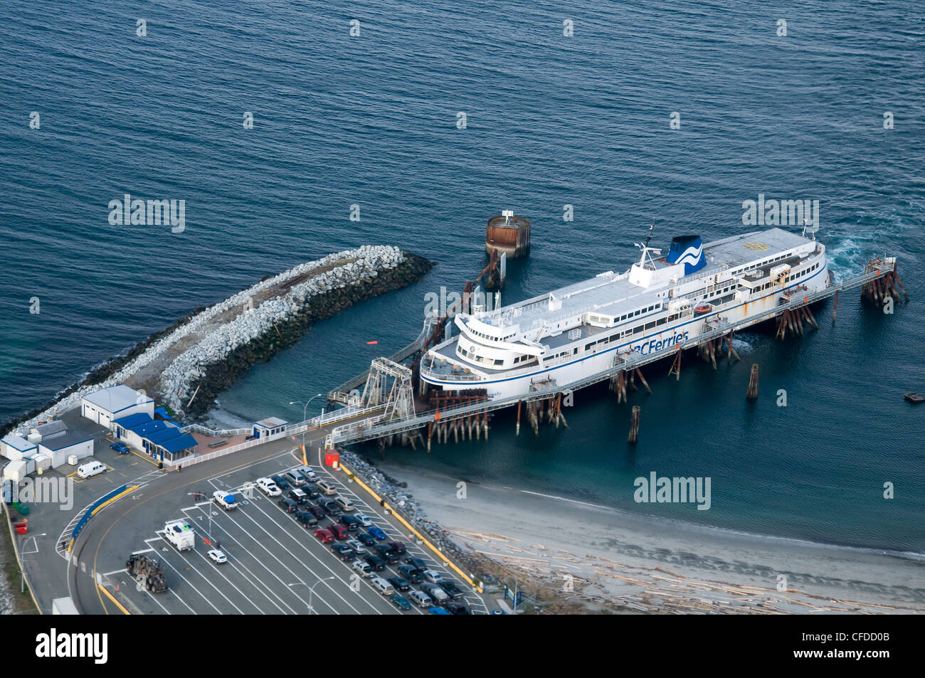 Aerial view of a BC Ferry at dock in Comox, Vancouver Island, British ...