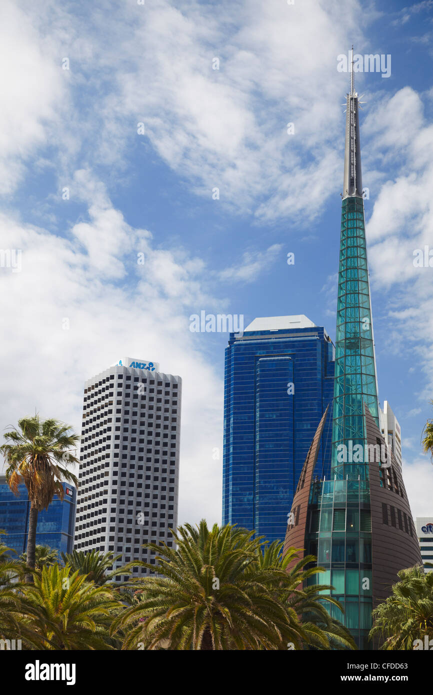 Skyscrapers of city skyline and Swan Bell Tower, Perth, Western ...