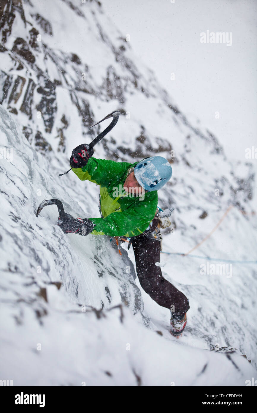 A strong female ice climber works her way up Snowline WI4, Even Thomas ...