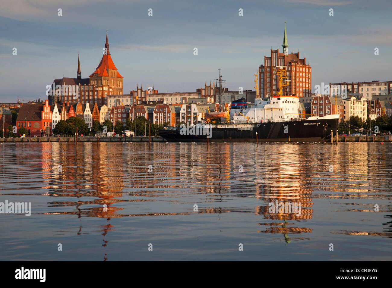 View over Warnow river to the Old Town and St Mary´s church, Rostock ...