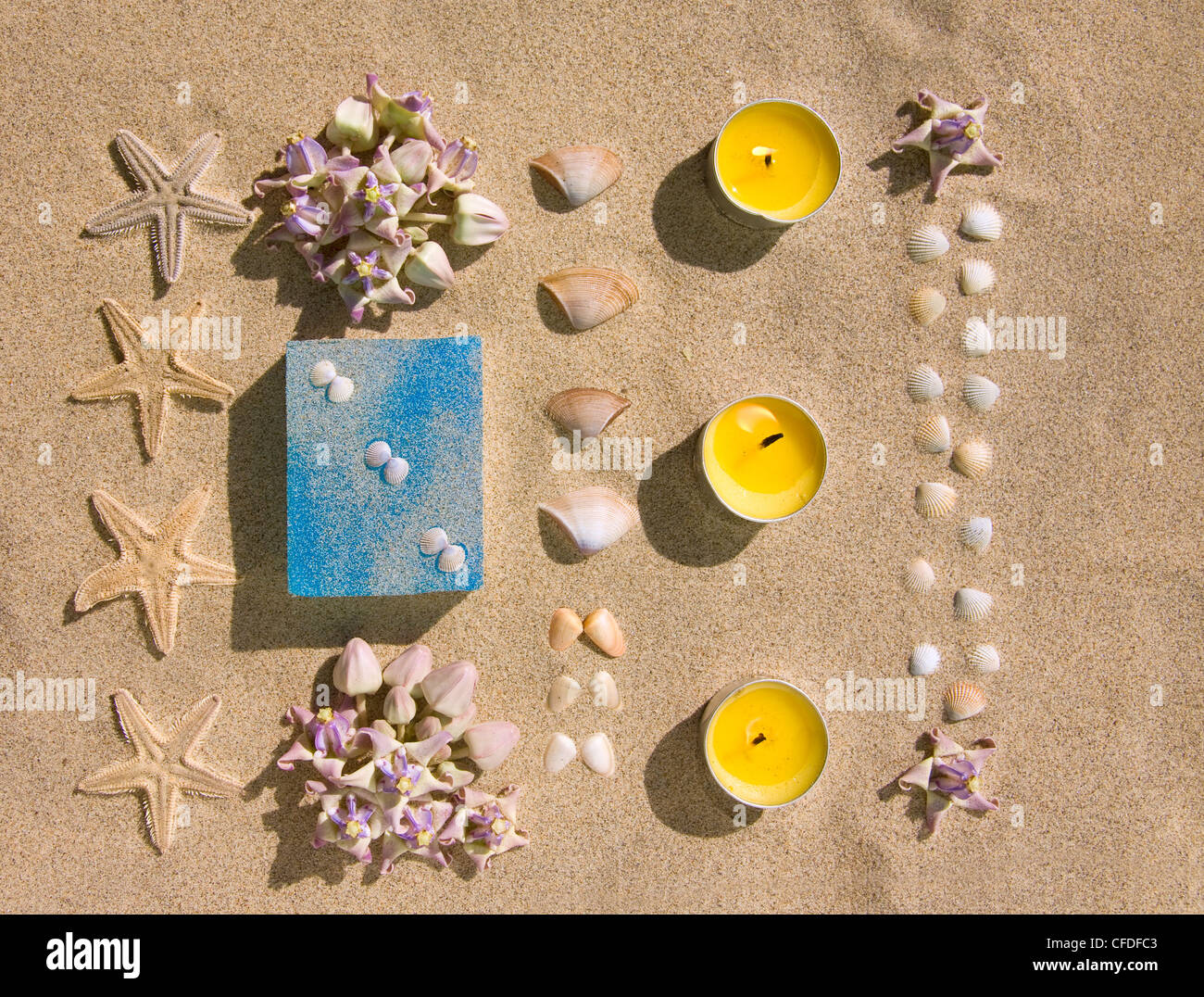 bar of natural handmade soap on sand with flower, star and shell Stock ...