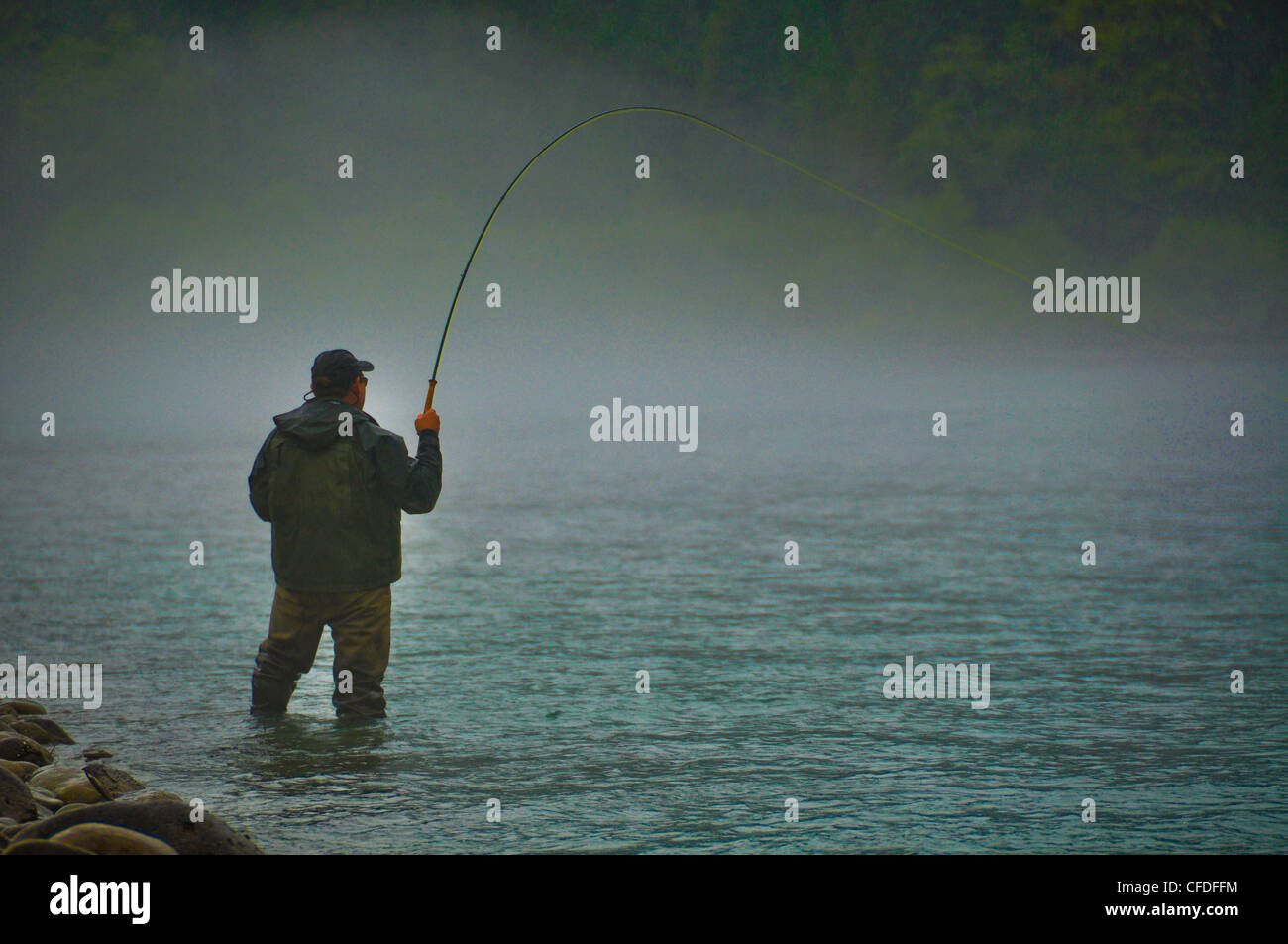Man fly fishing Stock Photo - Alamy