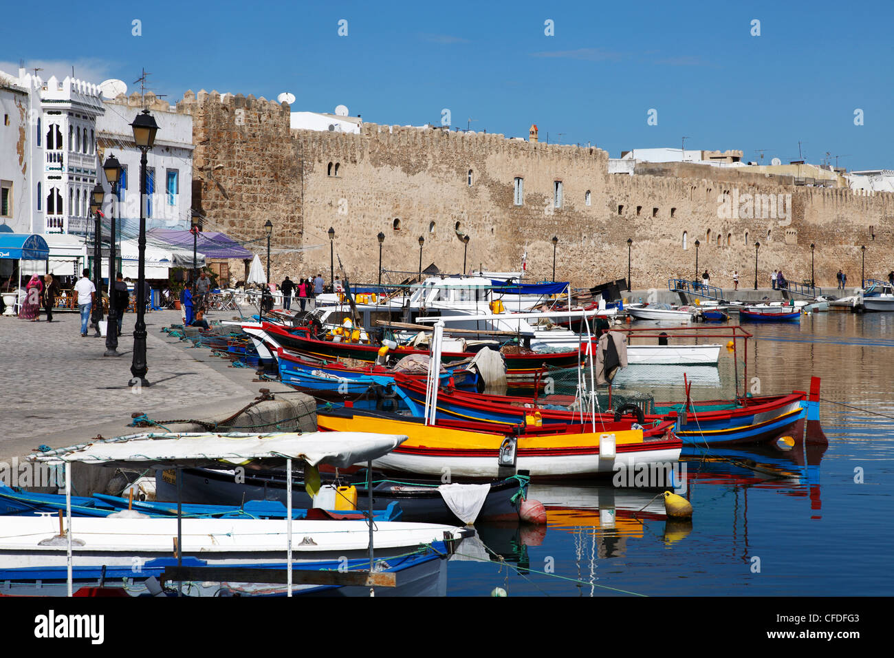 Old Port Canal, fishing boats and wall of the Kasbah, Bizerte, Tunisia ...