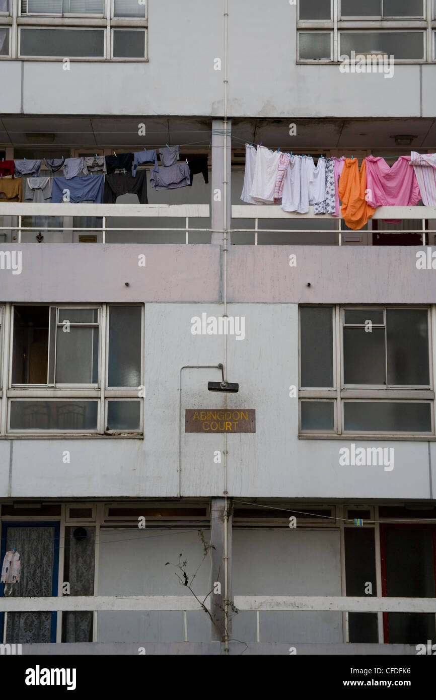 Wall of Windows with curtains on council estate Stock Photo - Alamy