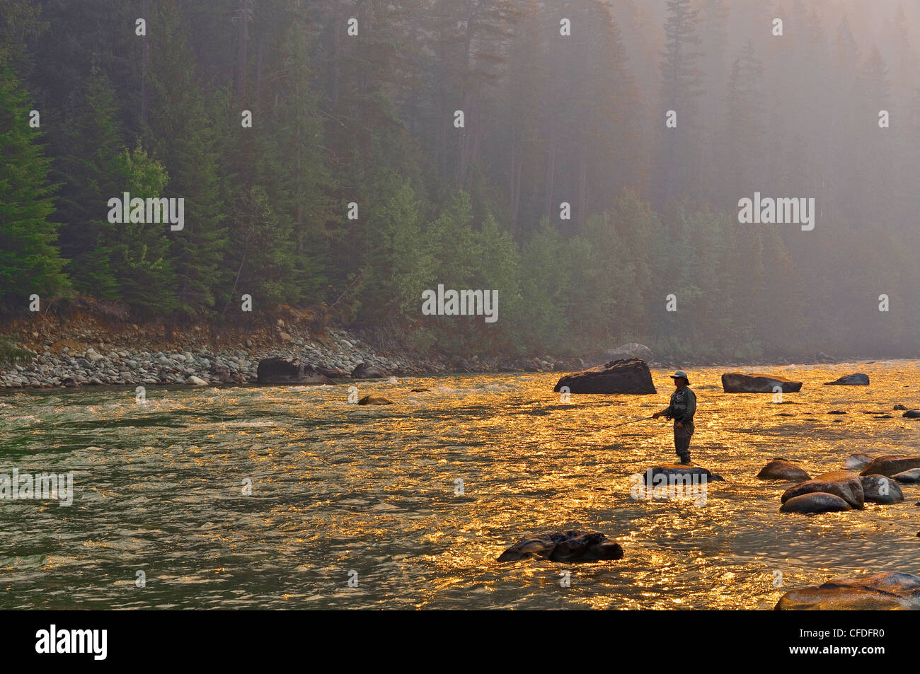 Man fly fishing, with forest fire smoke, Dean River, British Columbia ...