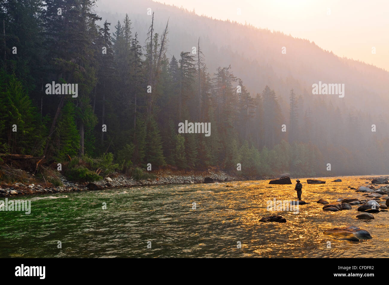 Man fly fishing, with forest fire smoke, Dean River, British Columbia ...
