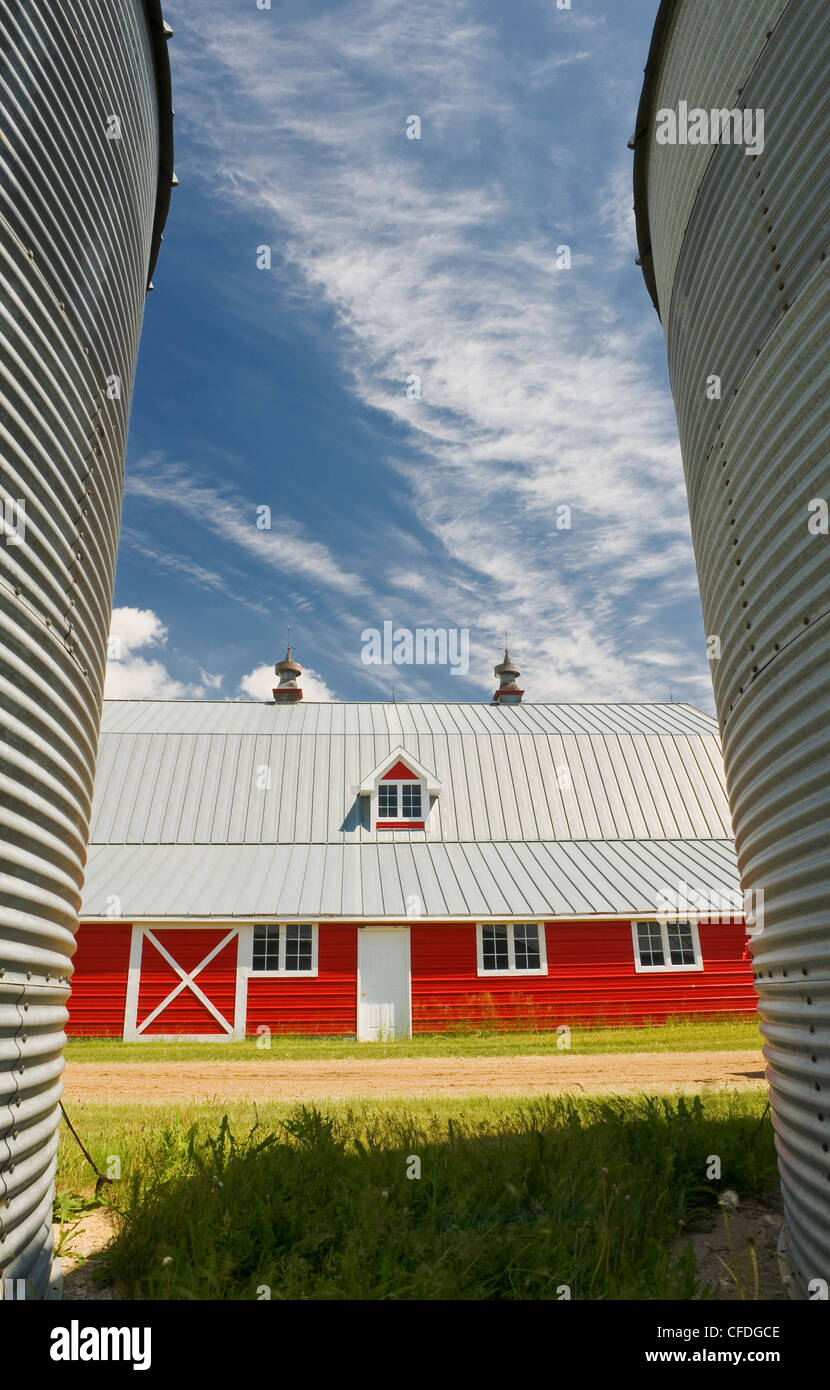 closeup of grain bins with red barn in the background near Torquay ...