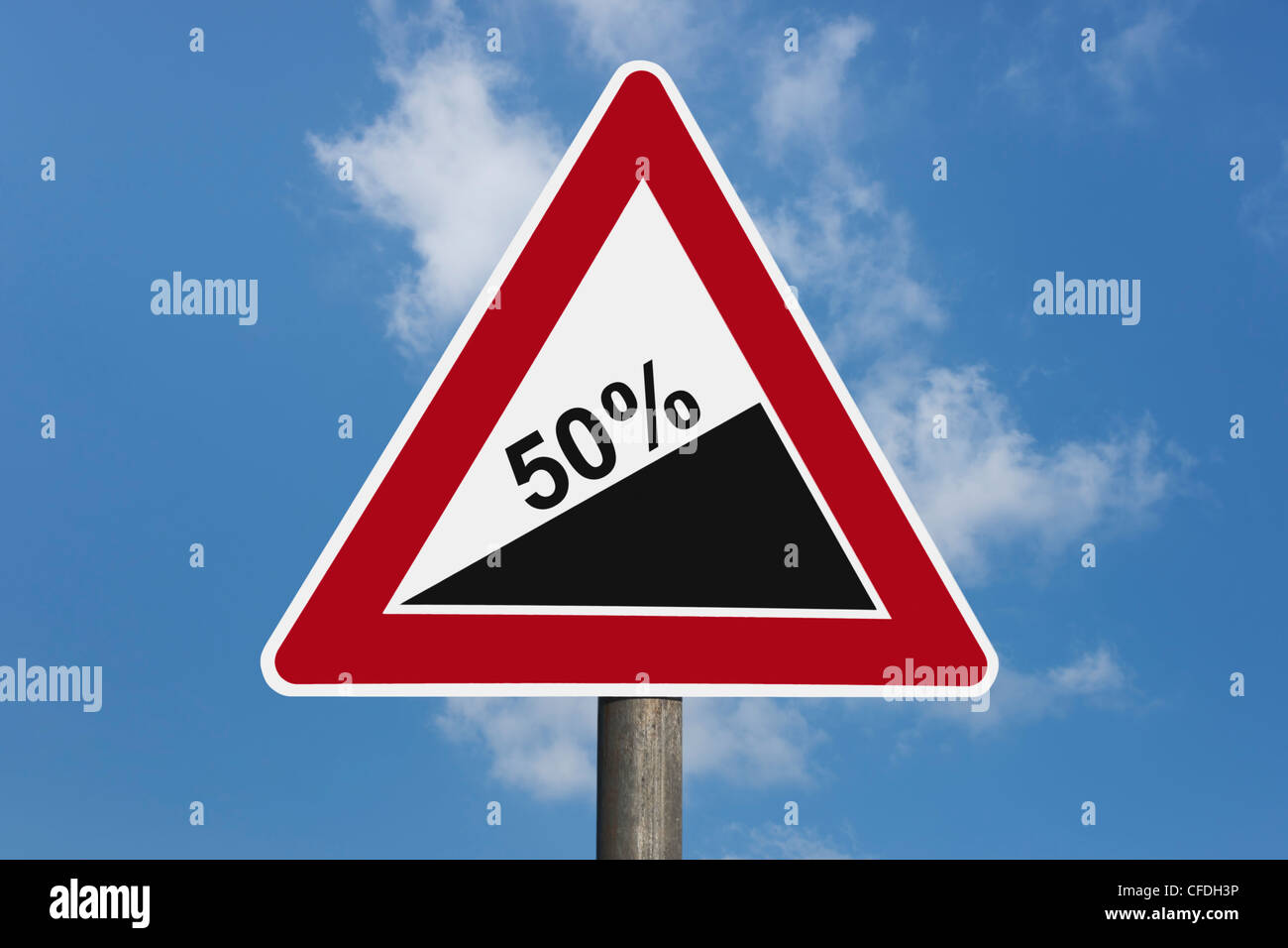 Detail photo of a danger sign "Upward gradient" with the inscription 50 ...