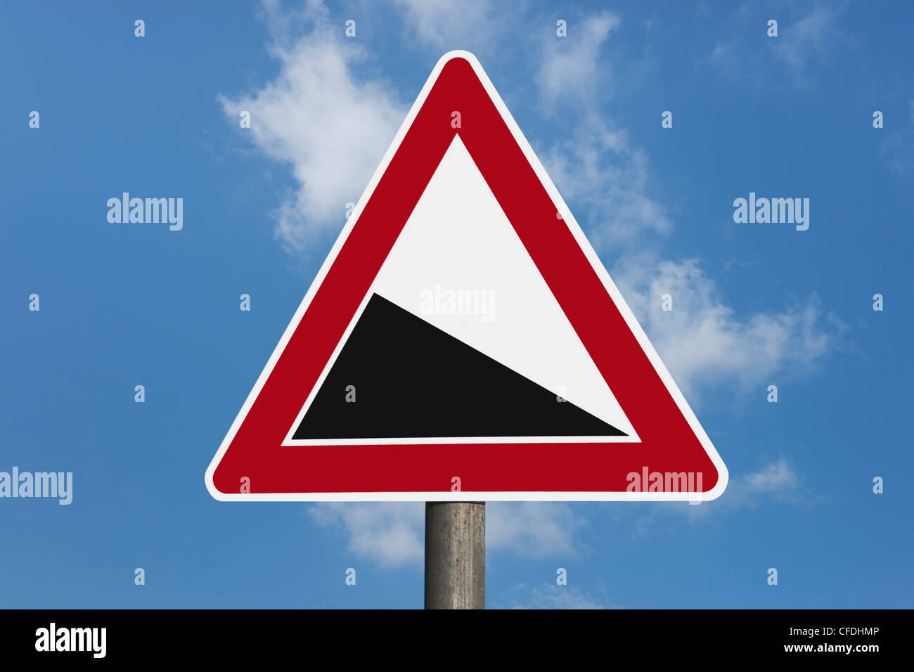 Detail photo of a danger sign "Steep hill downwards" without ...