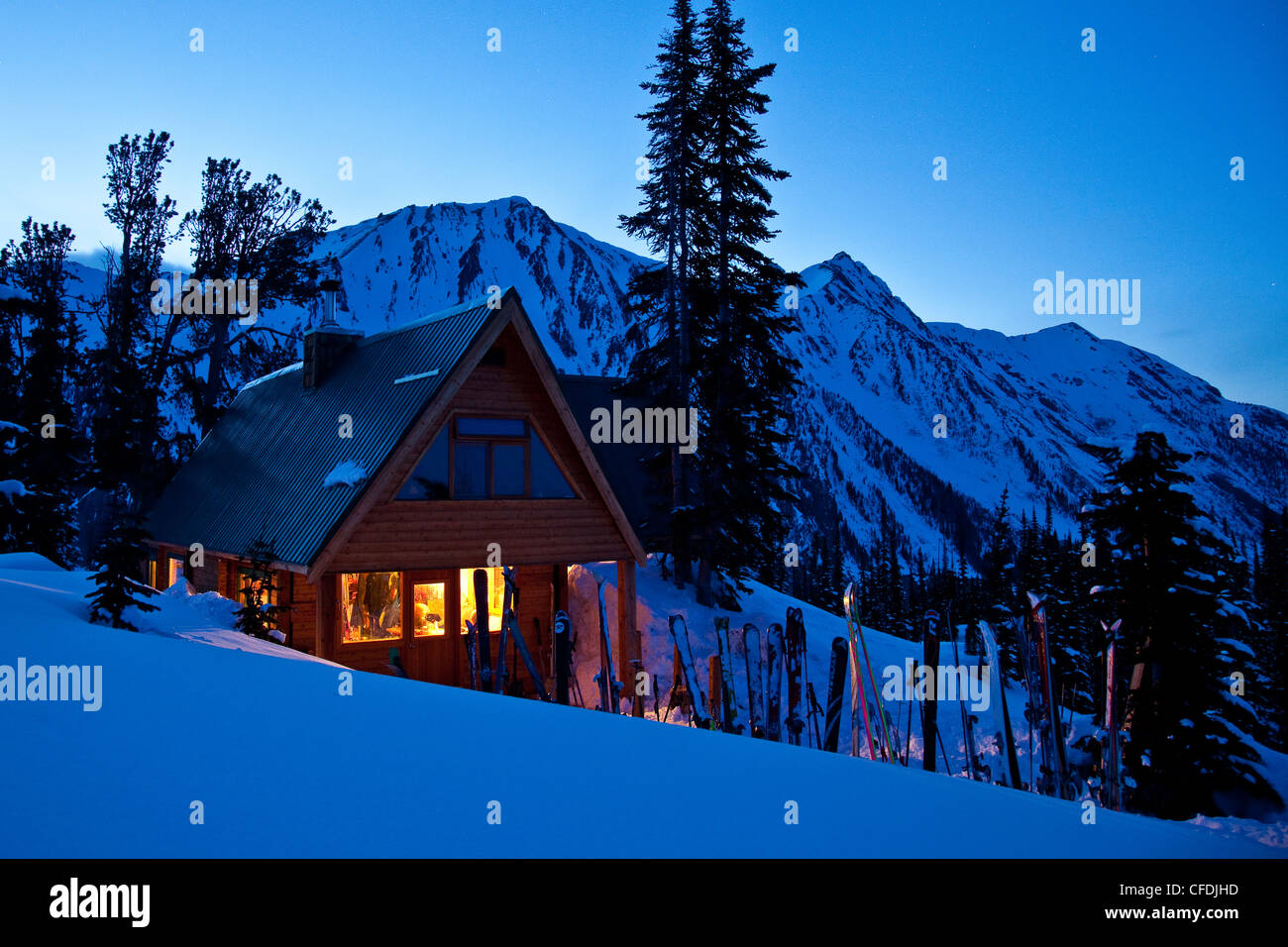 Fairy Meadows Backcountry hut in evening in the Selkirk Range, British ...