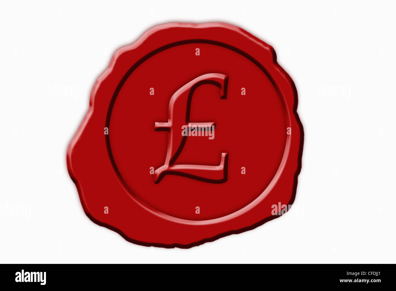 Detail photo of a red seal with a pound Symbol, British currency, in ...