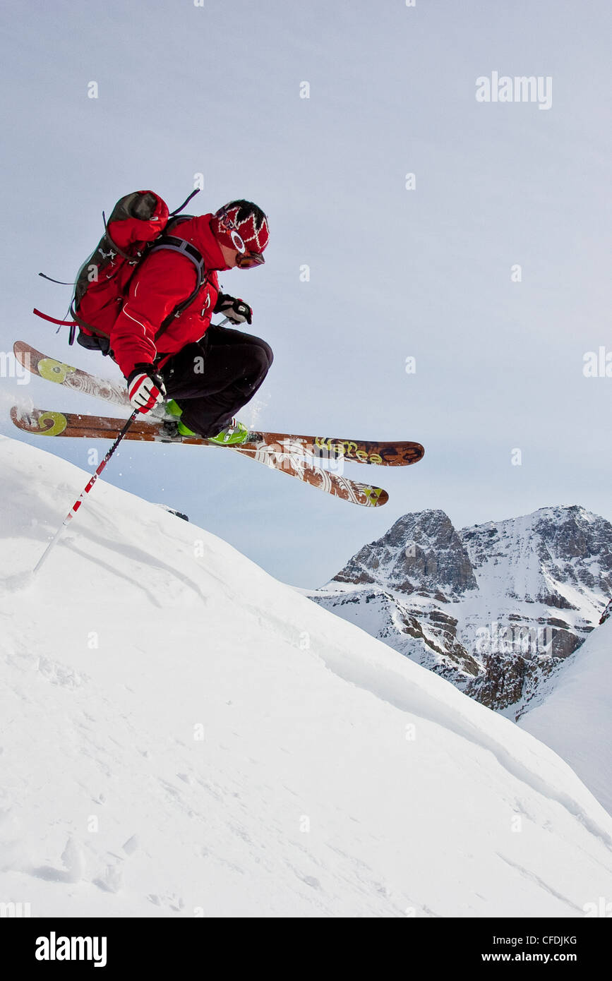 Young man skiing powder at Lake Louise Ski Area, Banff National Park ...