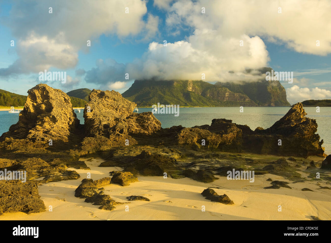 Calcarenite rock with Mount Lidgbird and Mount Gower, Tasman Sea, Lord ...
