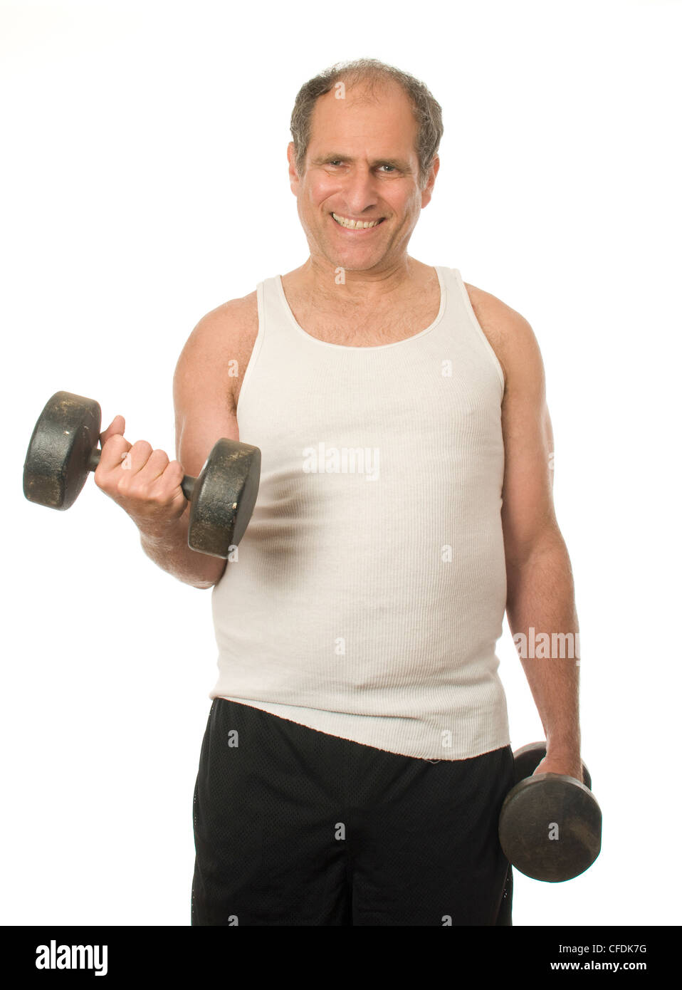 middle age senior man working out exercising with dumbbell weights ...