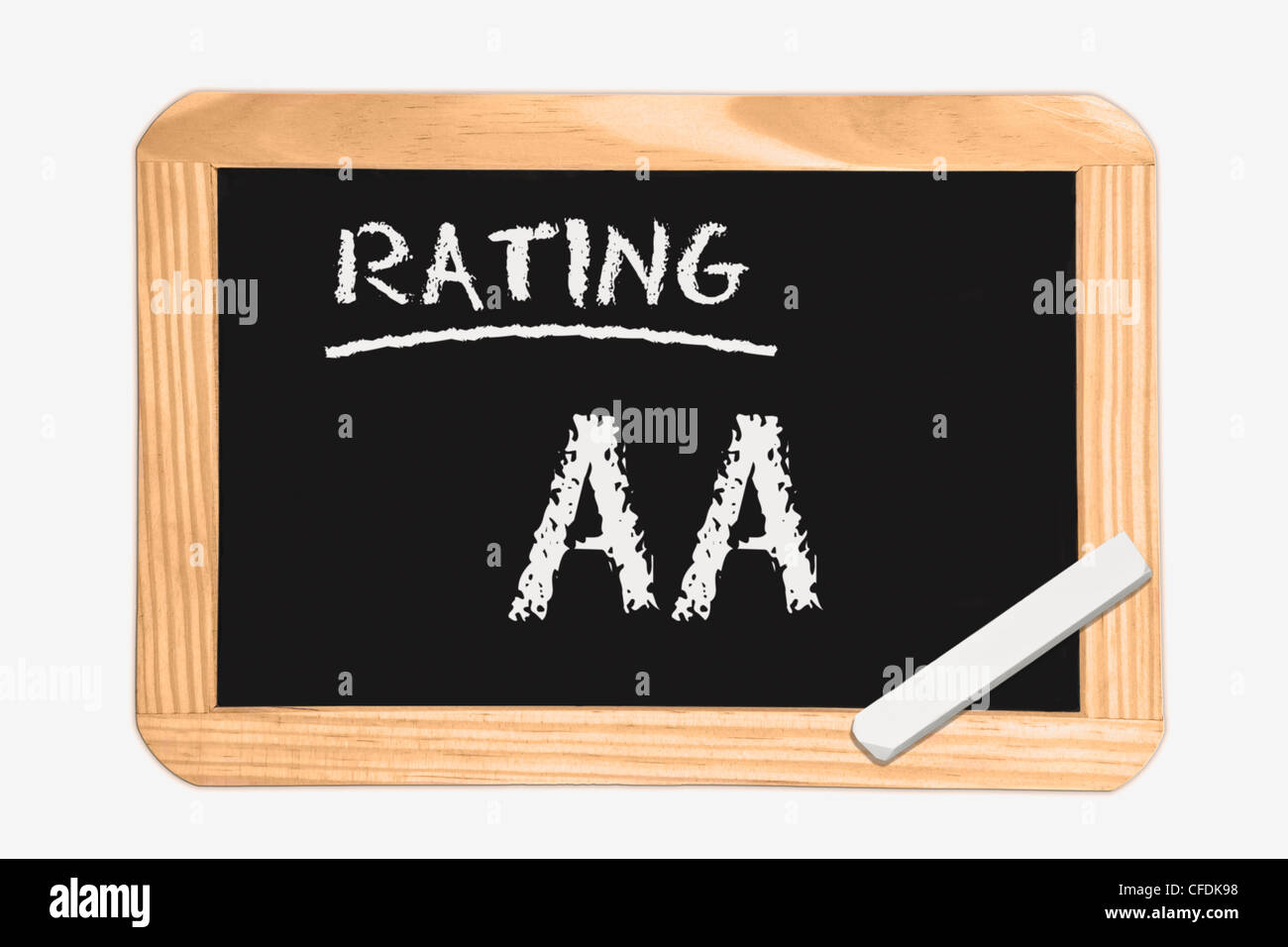 Detail photo of a chalkboard with the inscription „Rating AA“, white ...