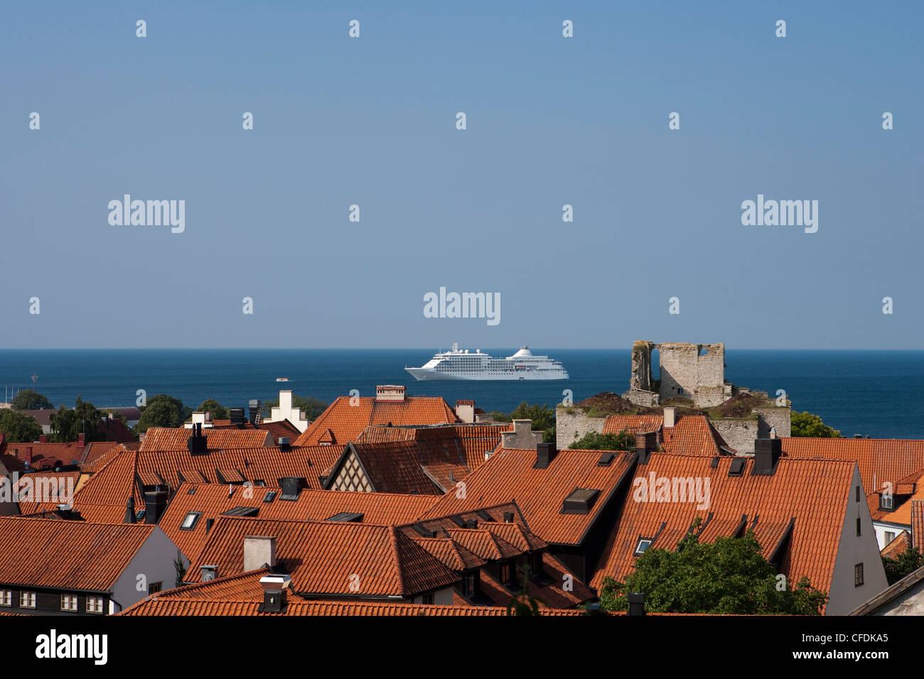 Overhead of Visby rooftops with cruise ship Silver Whisper (Silversea ...