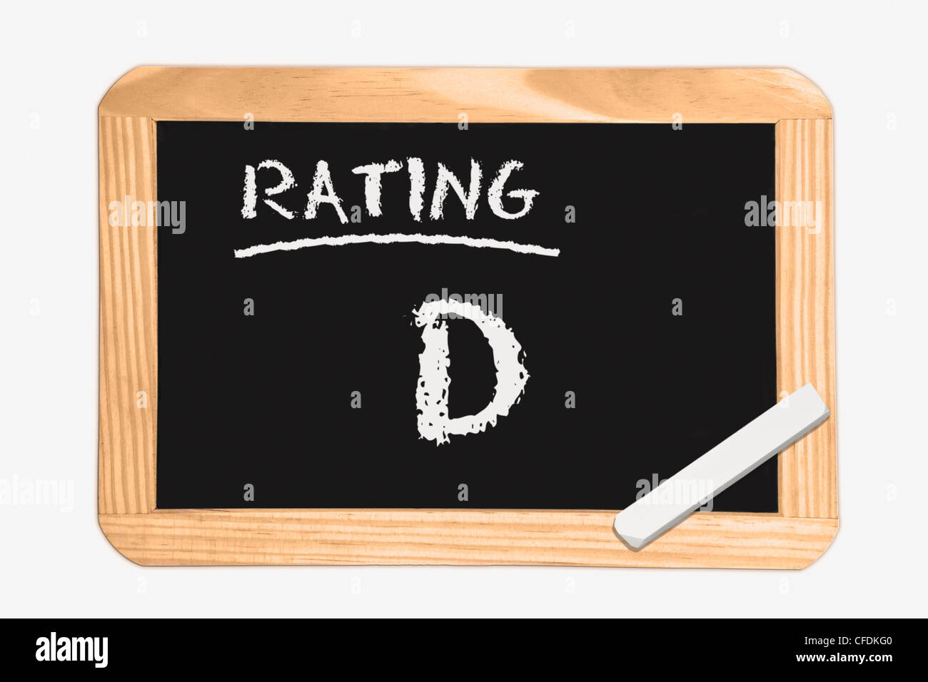 Detail photo of a chalkboard with the inscription „Rating D“, white ...