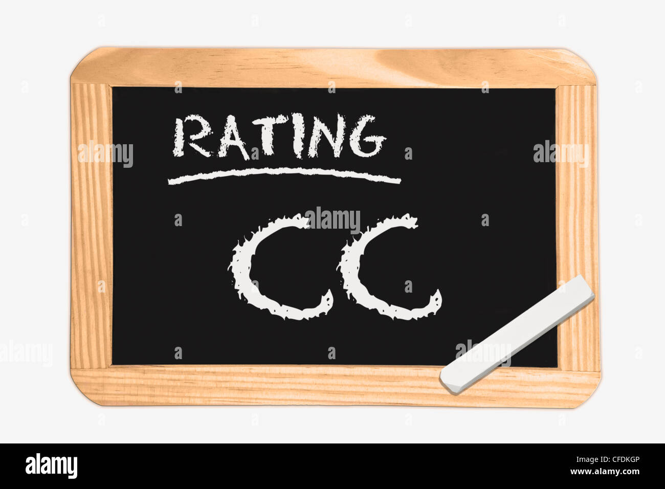 Detail photo of a chalkboard with the inscription „Rating CC“, white ...