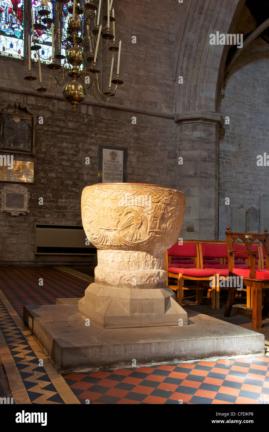 The 12th century Norman font, interior of Brecon Cathedral, Brecon ...