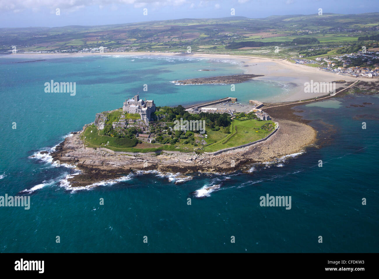 Aerial view of St. Michael's Mount, Penzance, Lands End Peninsula, West ...