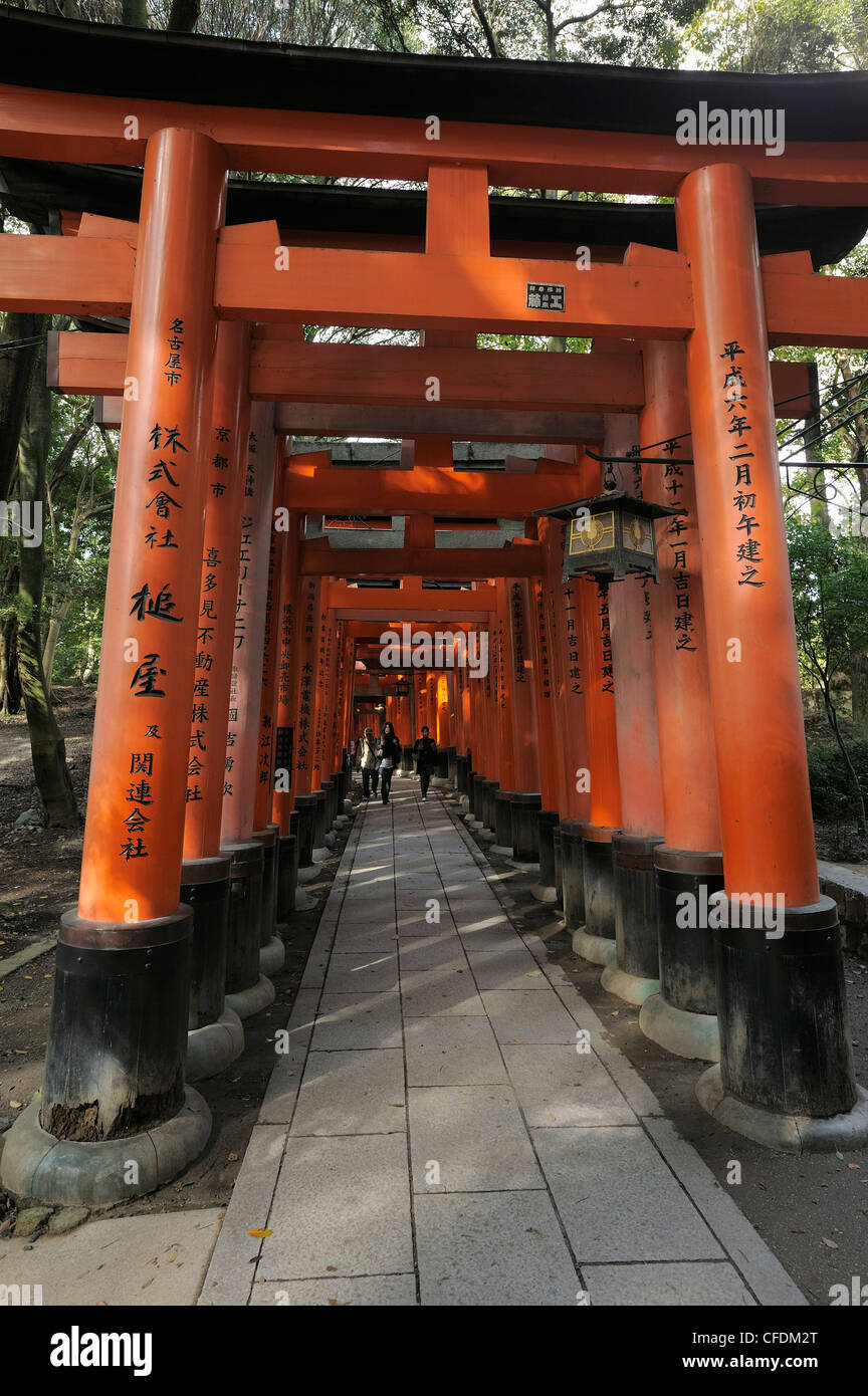 people walking through torii gate walkway at Fushimi Inari Shrine ...