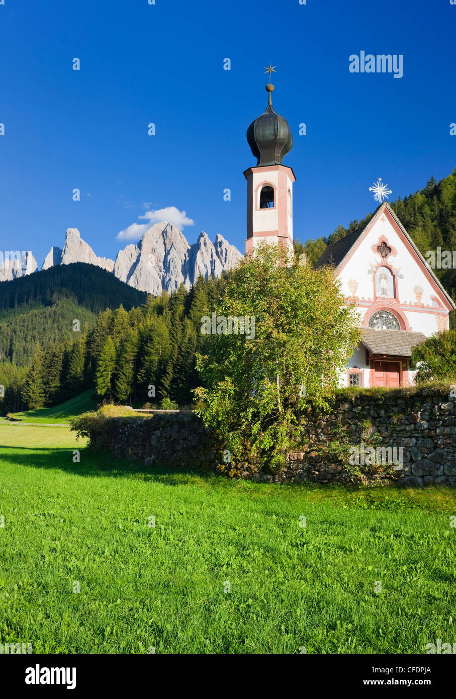 St. John's chapel in the sunlight, Villnoess valley, Dolomites, Alto ...