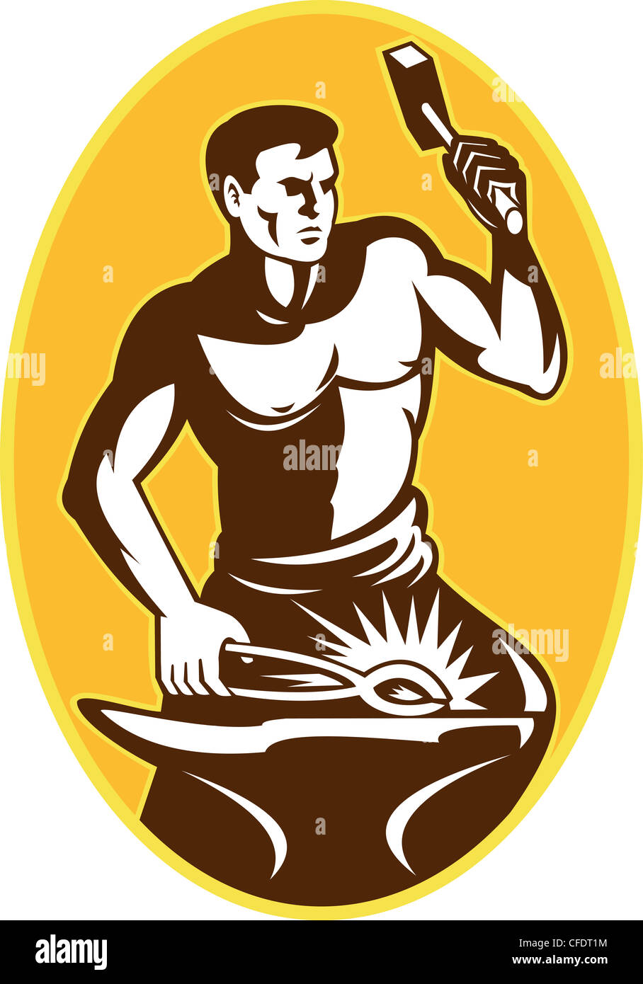 illustration of a blacksmith with hammer striking anvil viewed from ...
