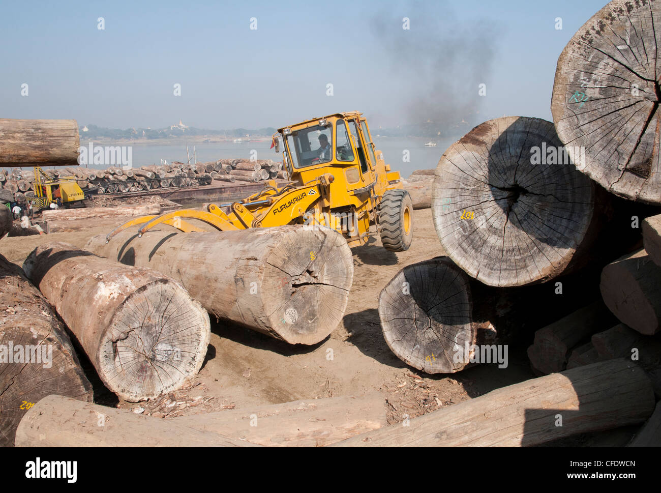 Timber depot, Yadanabon bridge, Sagaing, Irrawady River. Myanmar, Asia ...