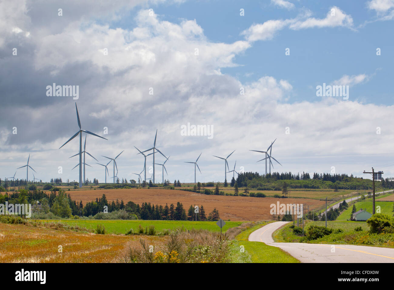Wind turbines and baled hay, Cape Wolf, Prince Edward Island, Canada ...
