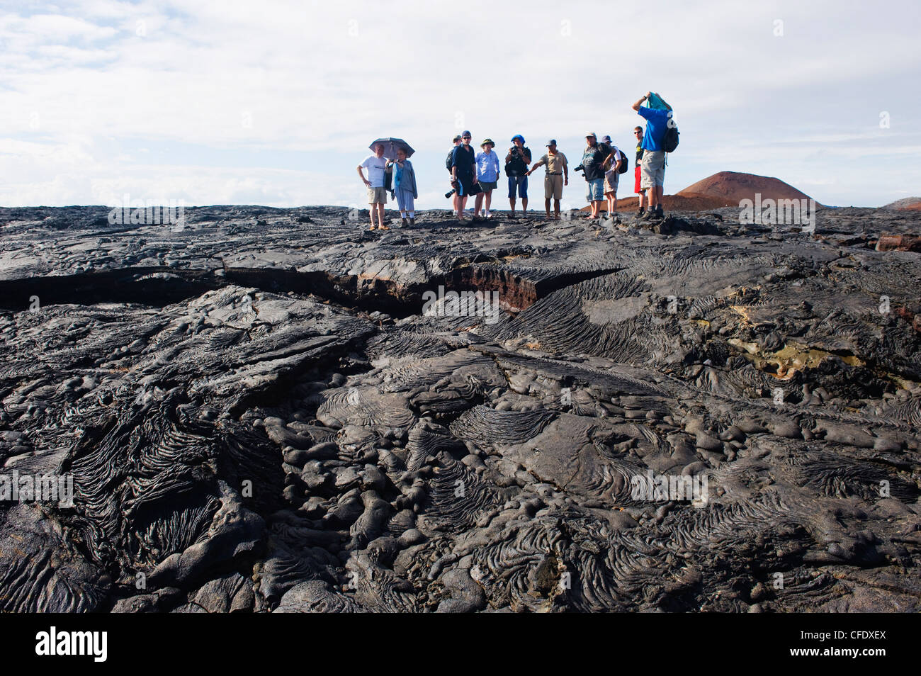 Tourists walking on lava flow on Isla Santiago, Sullivan Bay, Galapagos ...