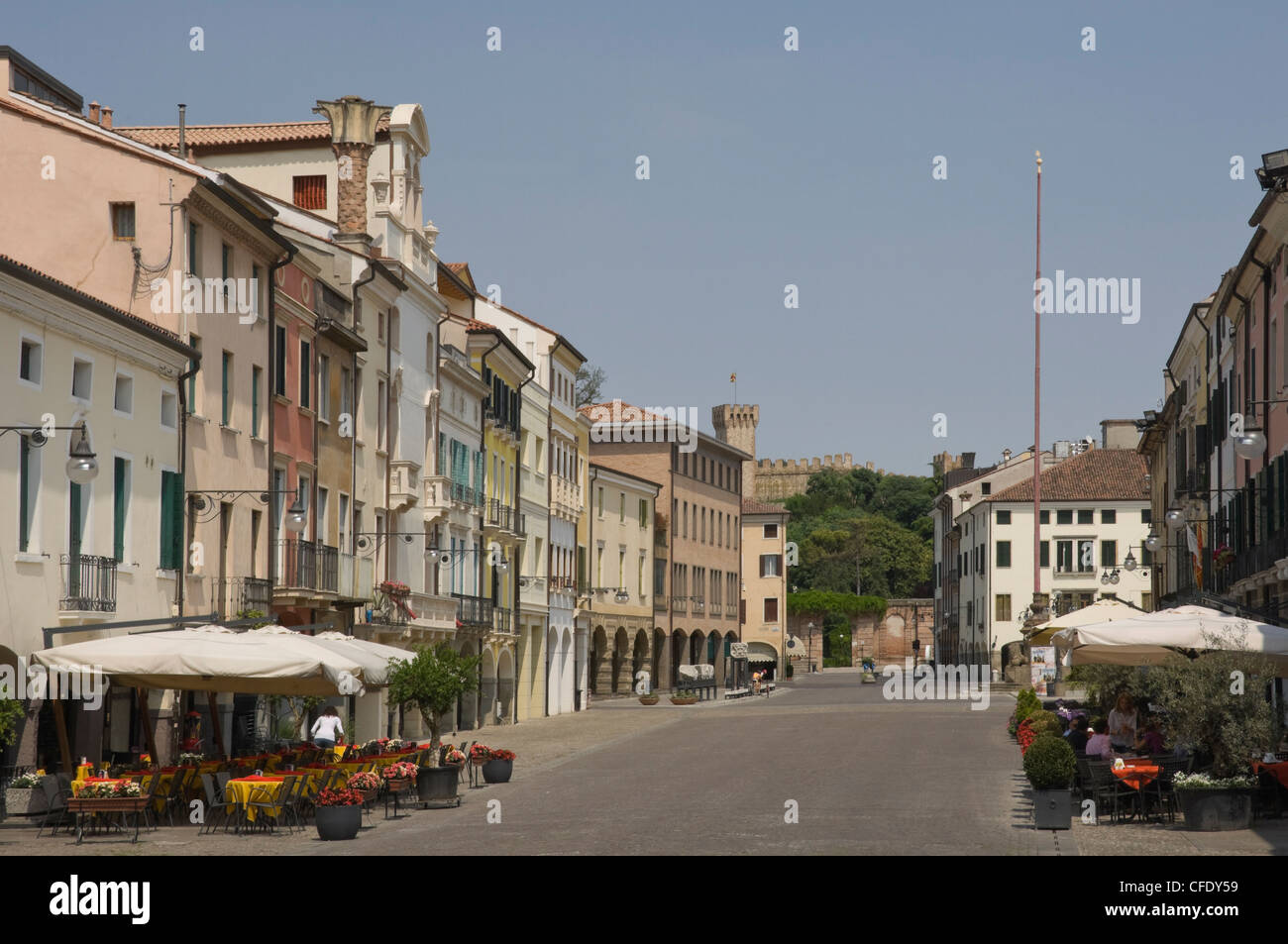 Street cafes in the main street of the medieval town of Este, Province ...