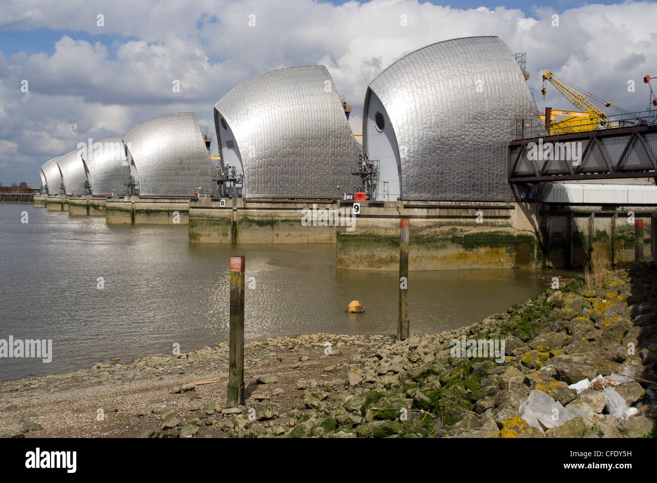 View of the Thames Barrier from the river bank, London Stock Photo - Alamy
