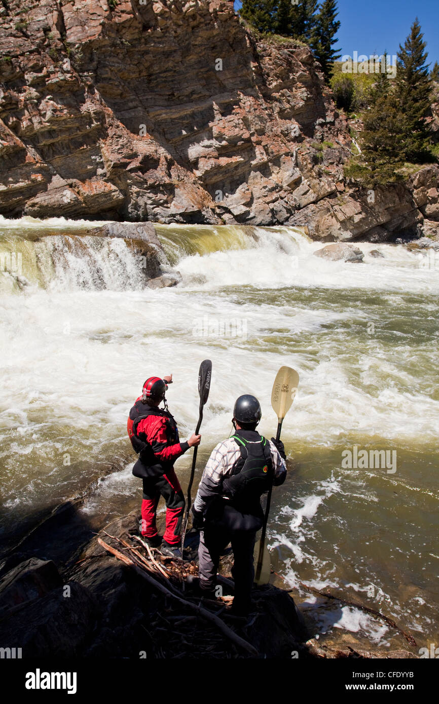 Two male whitewater kayakers scout the falls on the Oldman River ...