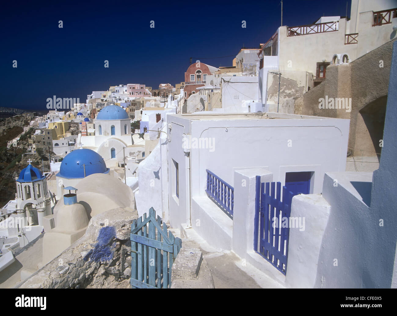 A view of the hillside town of Fira, the capital of Santorini, Greece ...