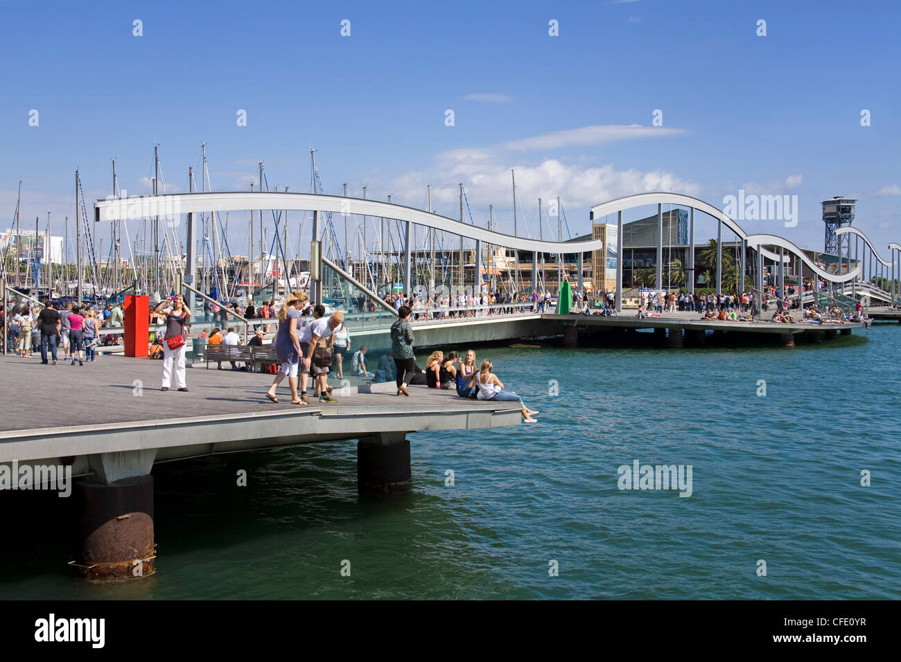 Rambla del Mar Bridge in Port Vell District, Barcelona, Catalonia ...