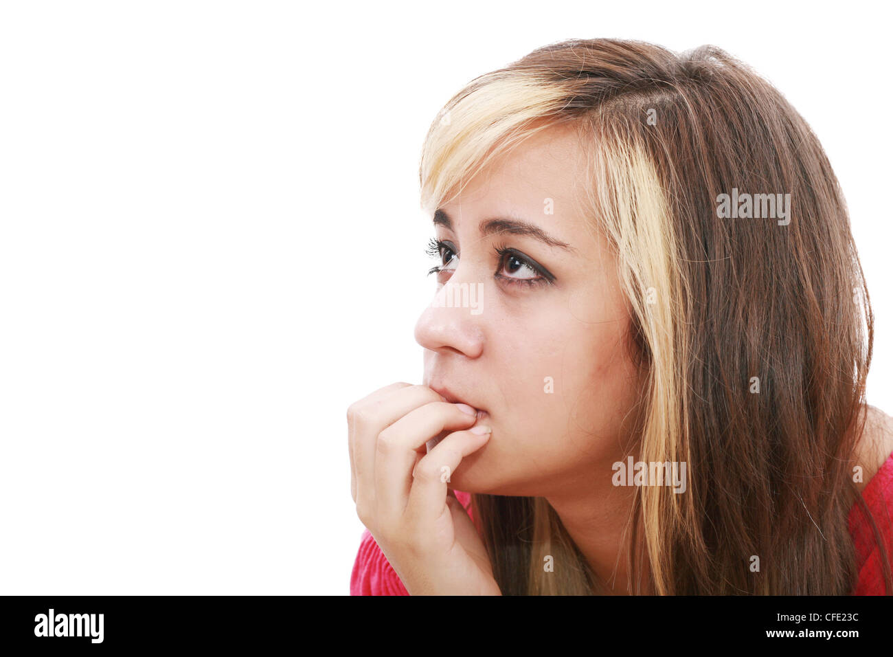 Woman in doubt portrait isolated on a white background Stock Photo - Alamy