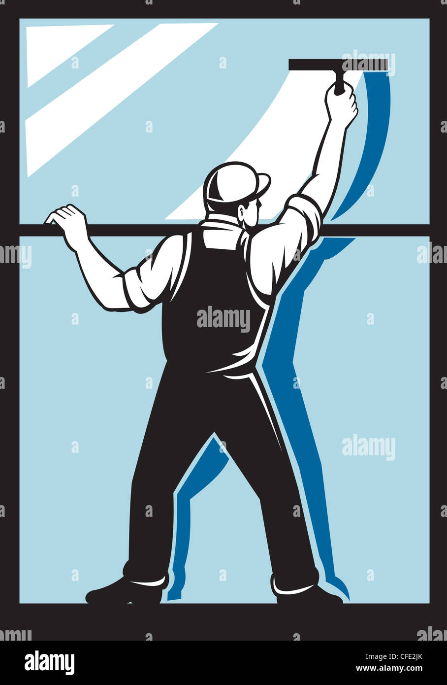 illustration of a window washer worker washing viewed from rear done in ...