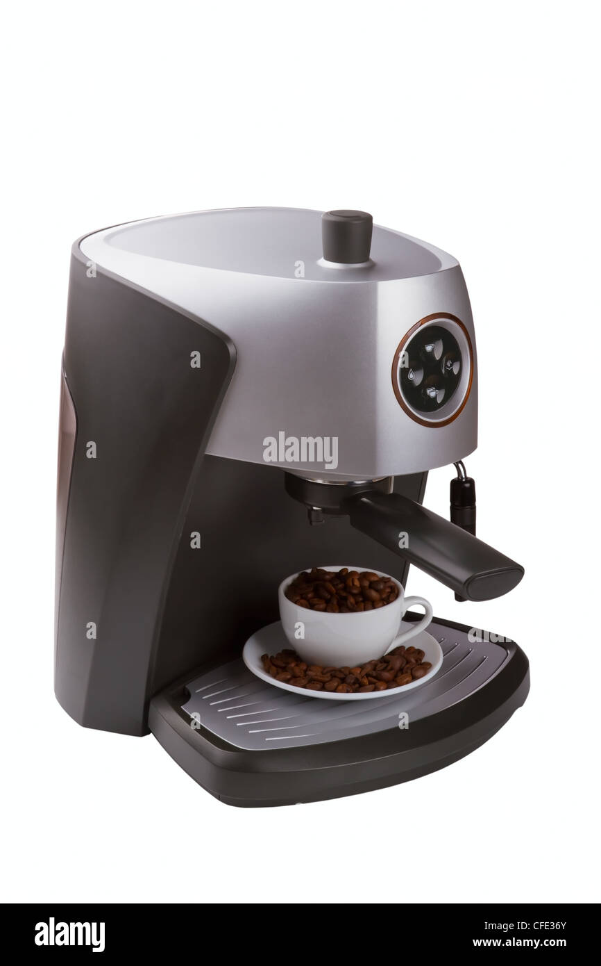 coffee maker and Cup filled with fried grain coffee isolated on a white ...