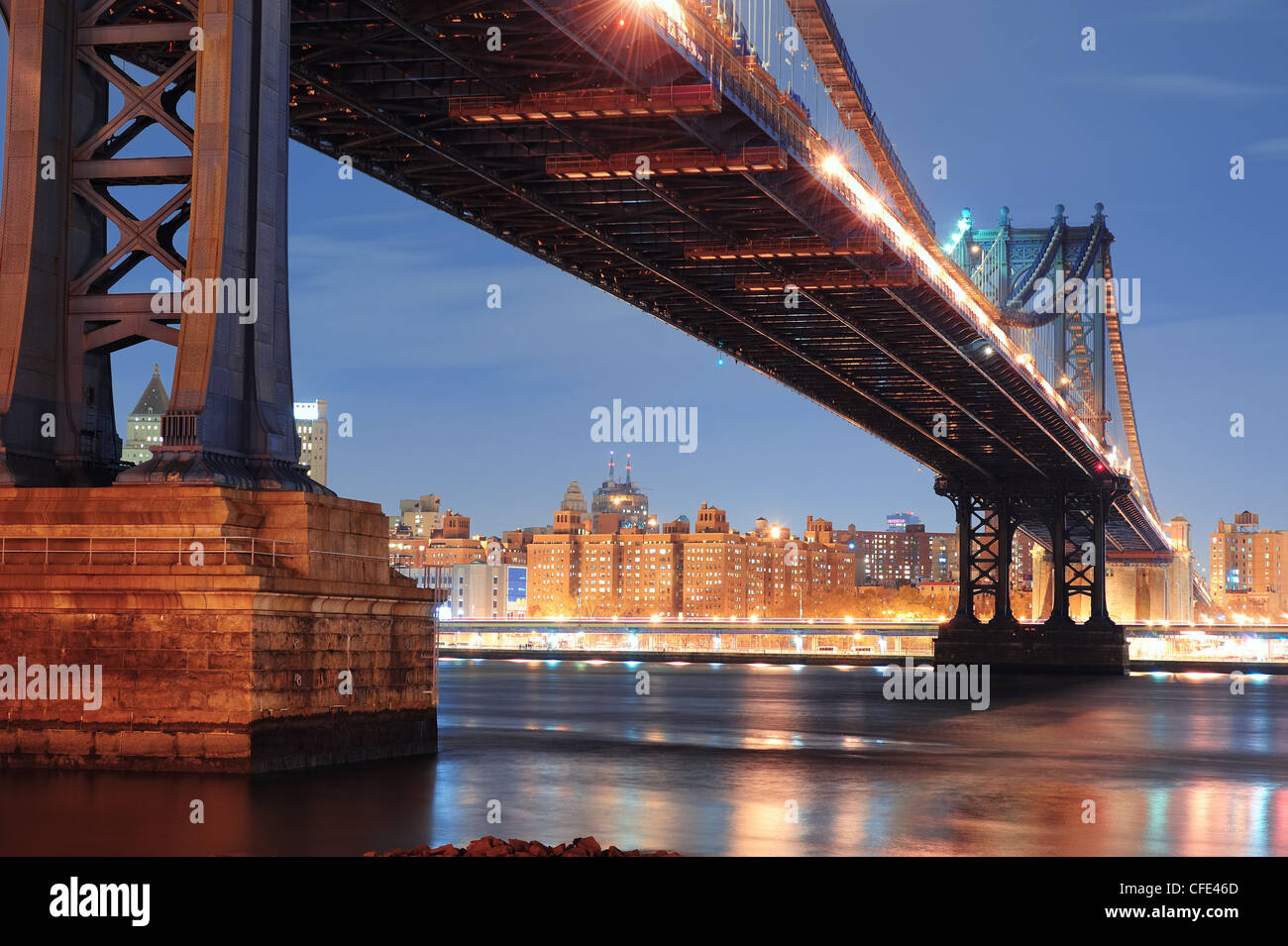 New York City Manhattan Bridge closeup with downtown skyline over East ...