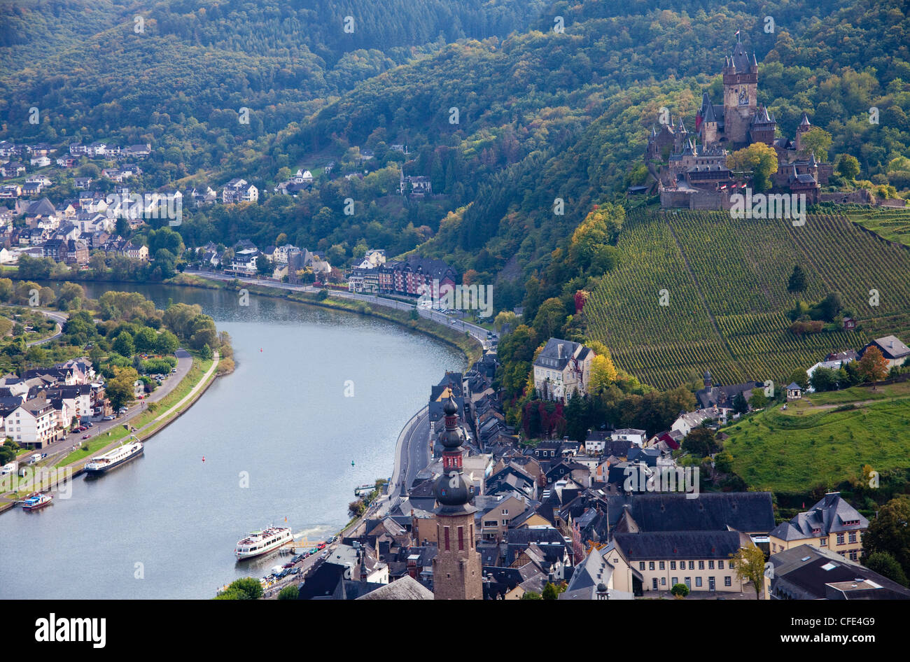 View over the town Cochem, with castle, Moselle, Mosel river, Rhineland ...