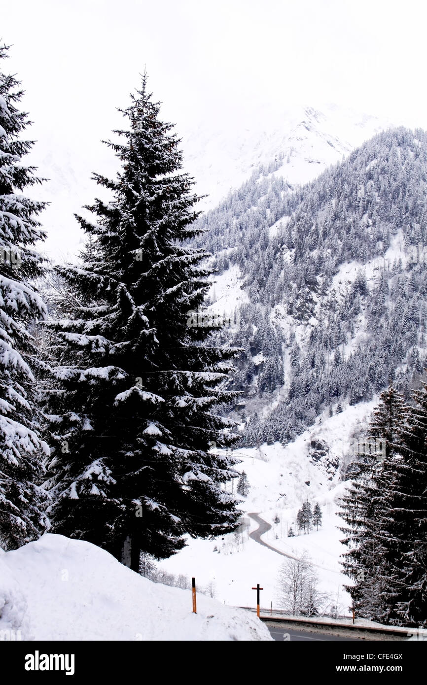 Austria, snow on the Pass Thurn route with the Alps view in wintertime ...